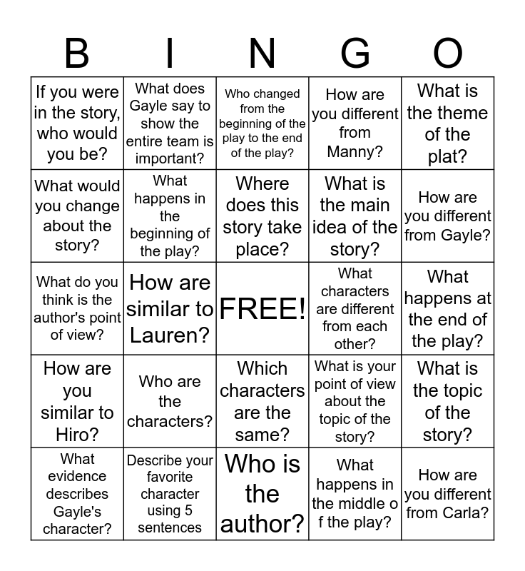 A New Team of Heroes Bingo Card