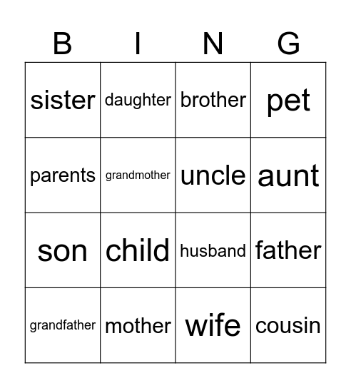 Family Vocabulary Bingo Card