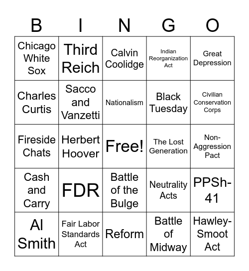 1920s, 1930s, and 1940s Test Bingo Card