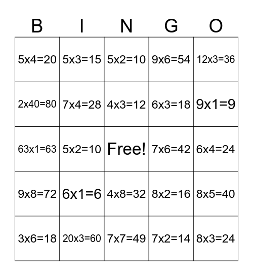 Math Bingo Card