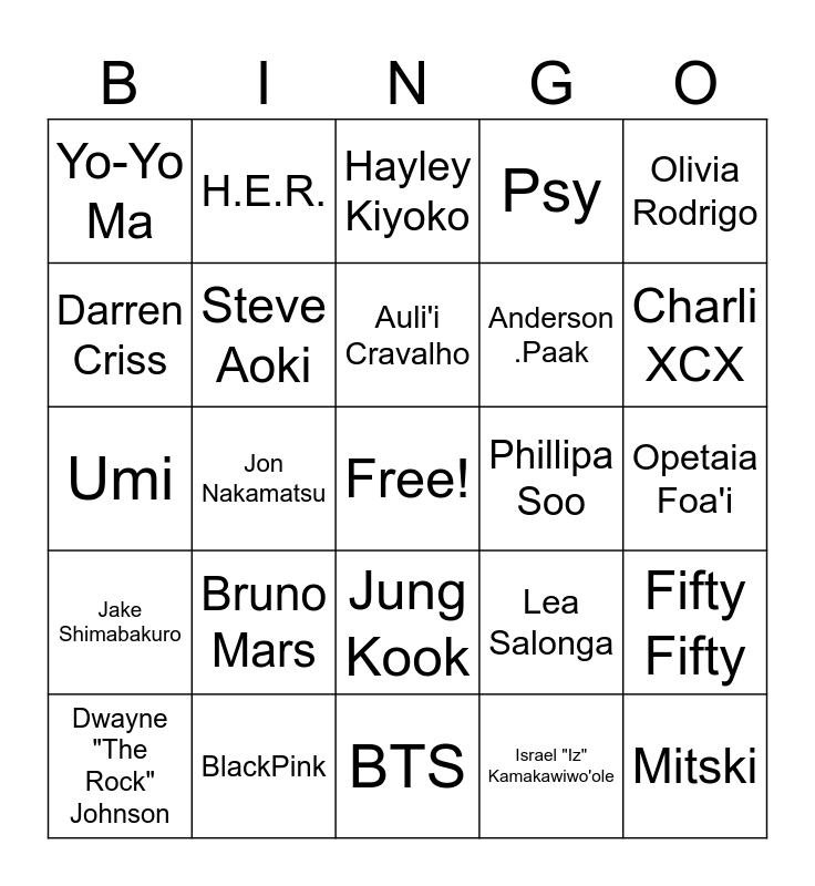 AAPI Month Music Bingo Card