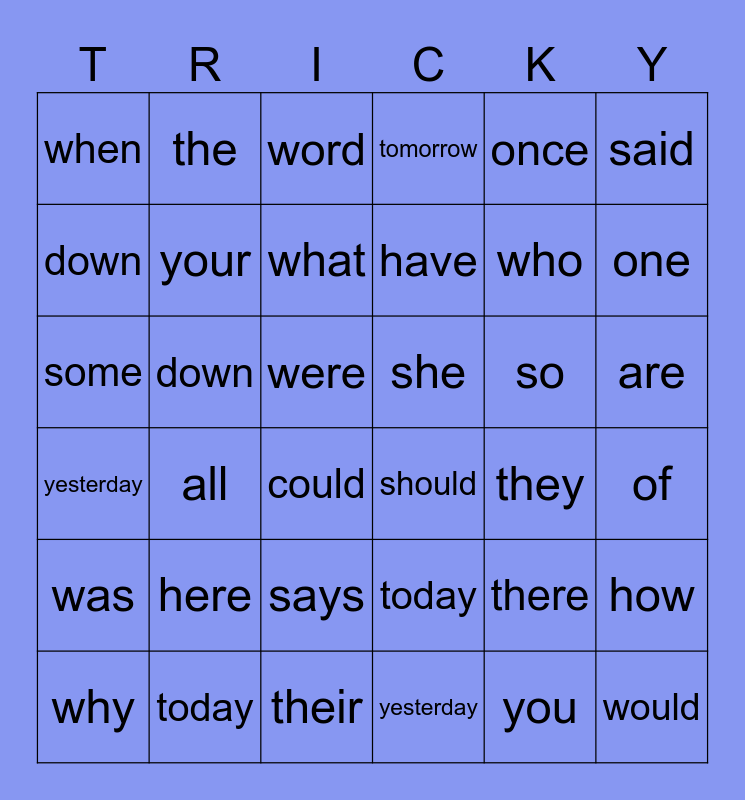 1st Grade CKLA Tricky Words Bingo Card