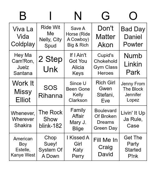 2000s Music Bingo Card