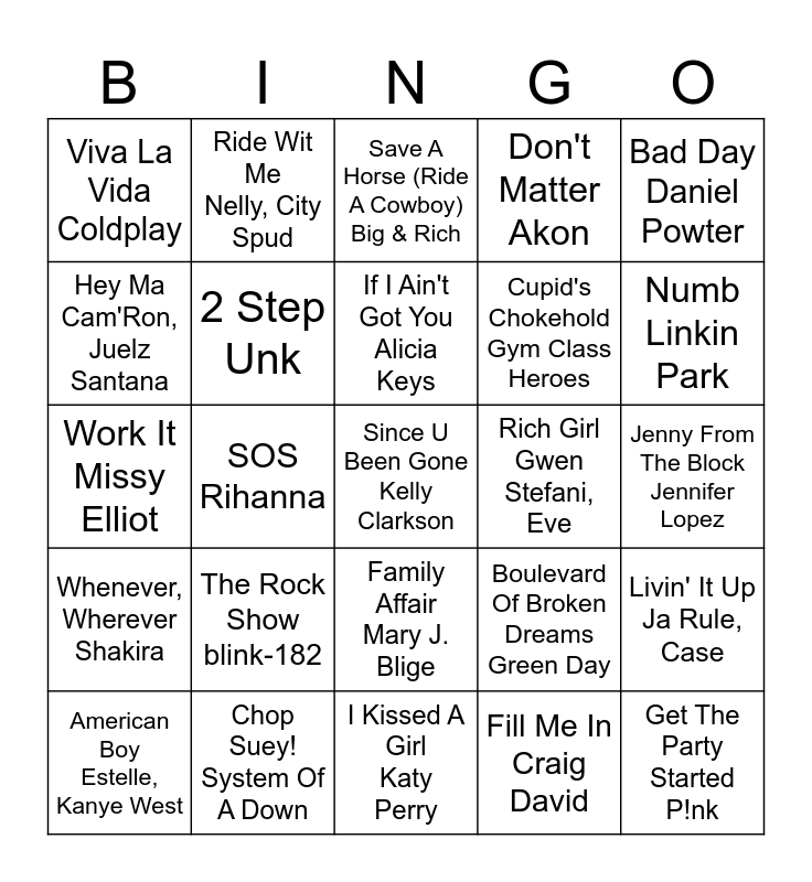 2000s Music Bingo Card