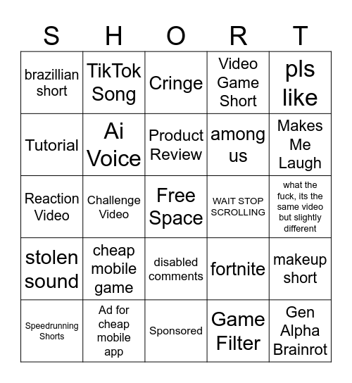 YT Shorts Bingo Card