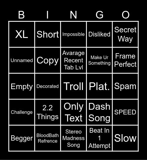 Recent Tab Bingo GD Bingo Card