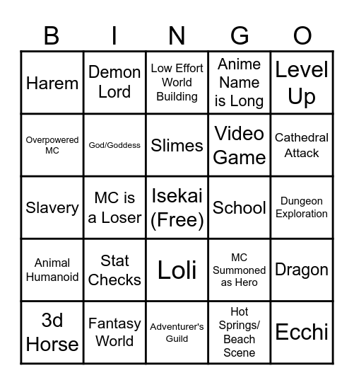 Isekai Bingo Card