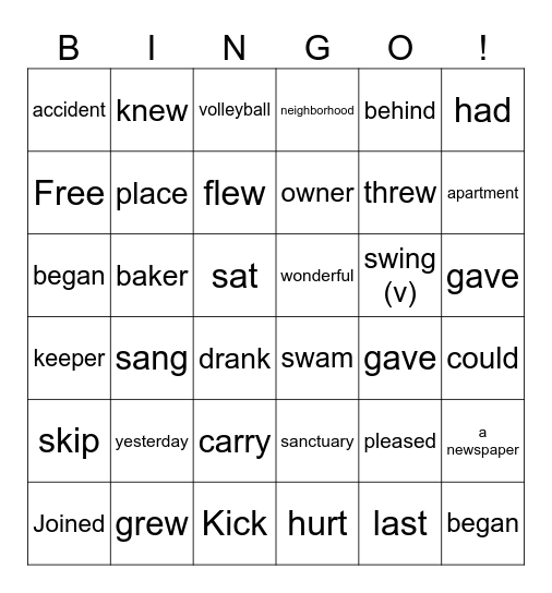 Vocabulary for the Test Bingo Card