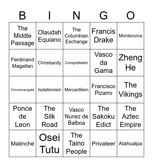 Age of Exploration Bingo Card