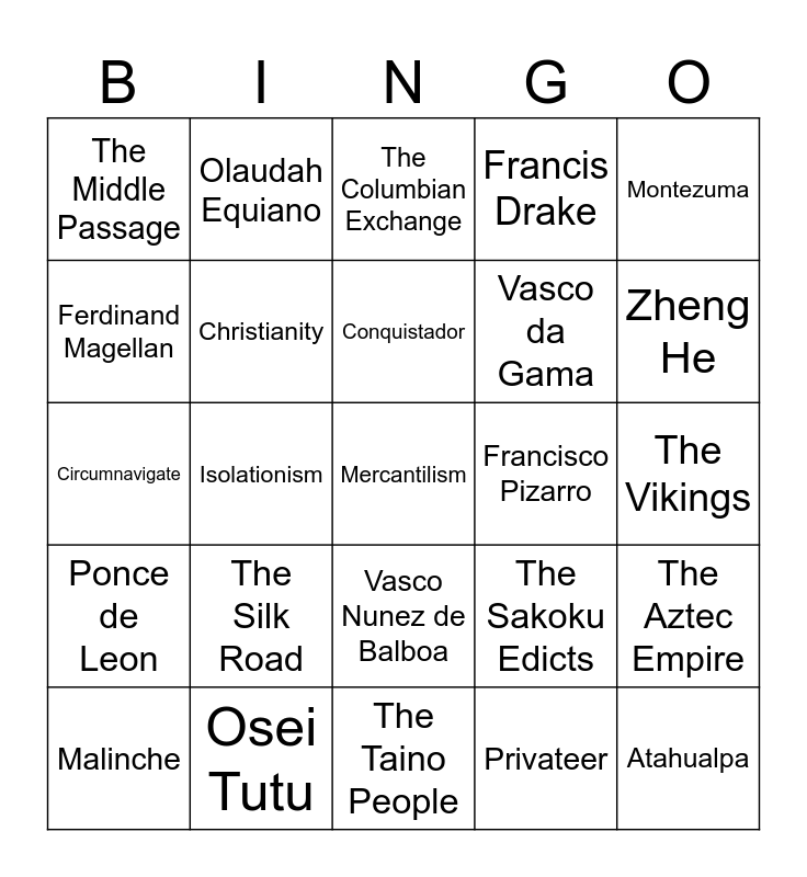 Age of Exploration Bingo Card
