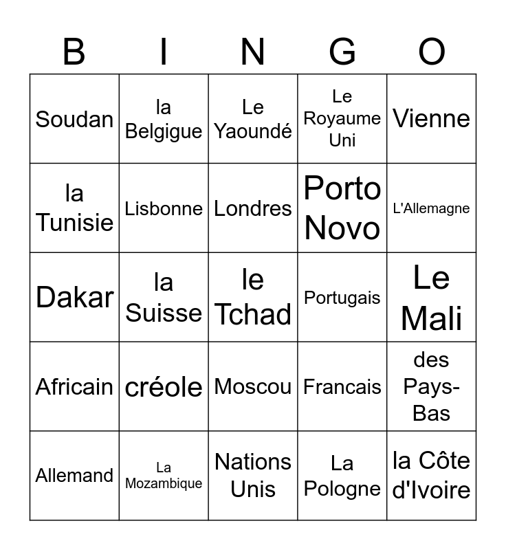 Les langues, les capitales, les pays francophones Bingo Card