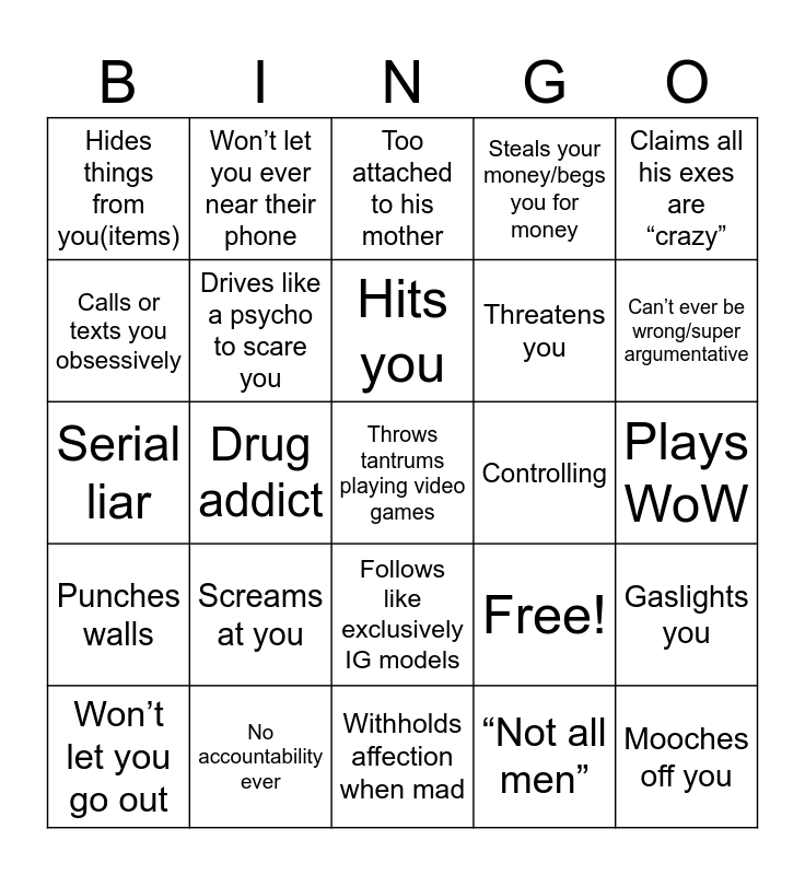 Crazy/ Toxic Man Bingo Card