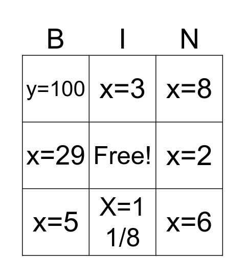 algebraic expressions Bingo Card