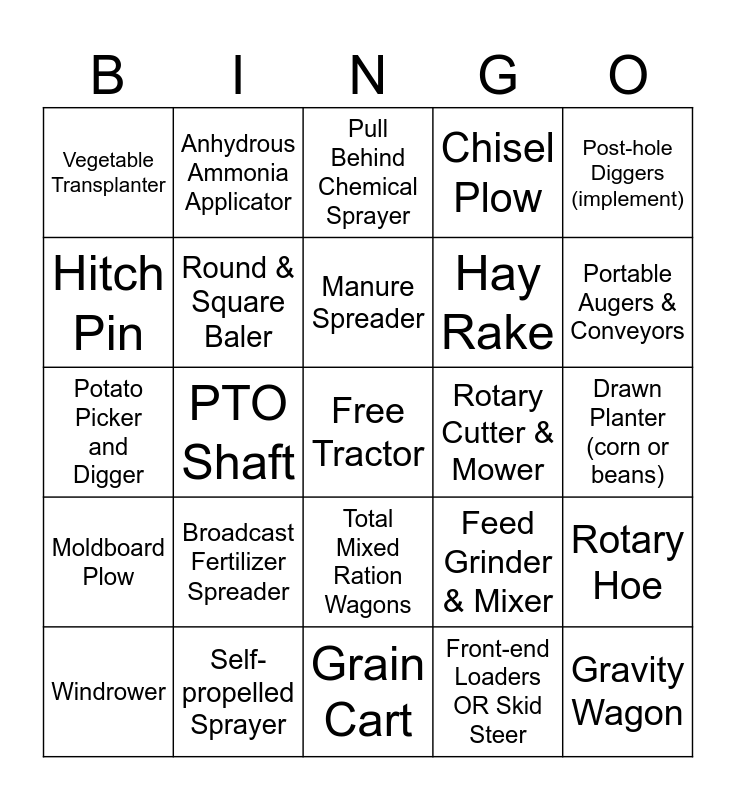 Tractor implement Bings Bingo Card