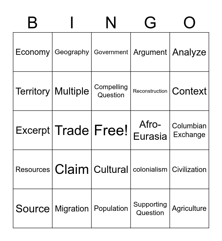 Social Studies Vocab Review Bingo Card