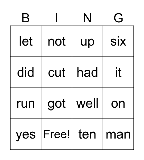 Word Bingo Card