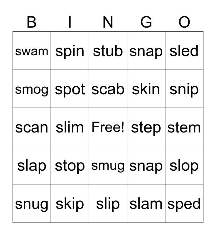 Beginning S blends Bingo Card