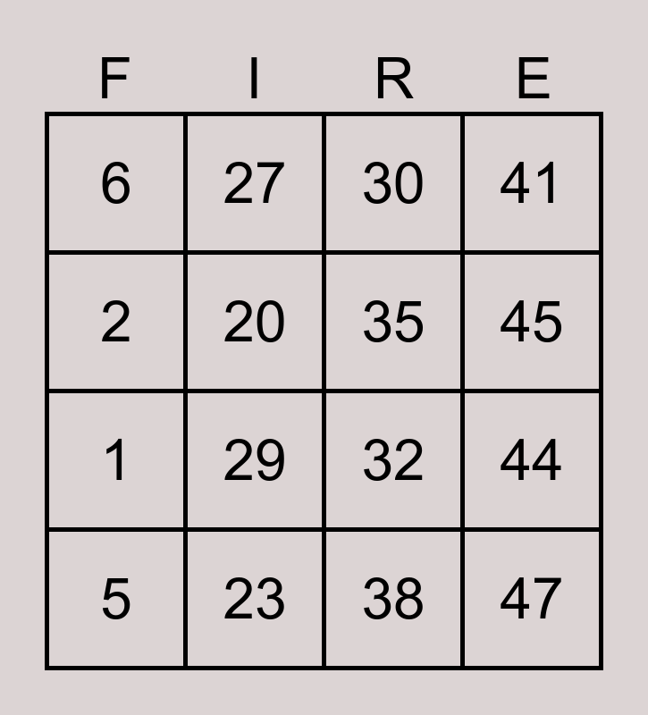Fire Generation Bingo Card