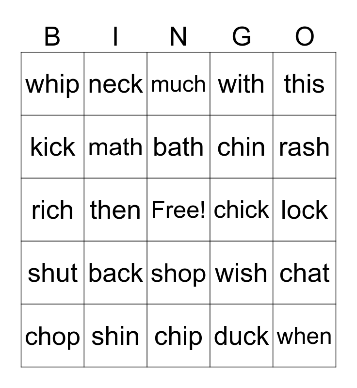 Digraph Bingo Card