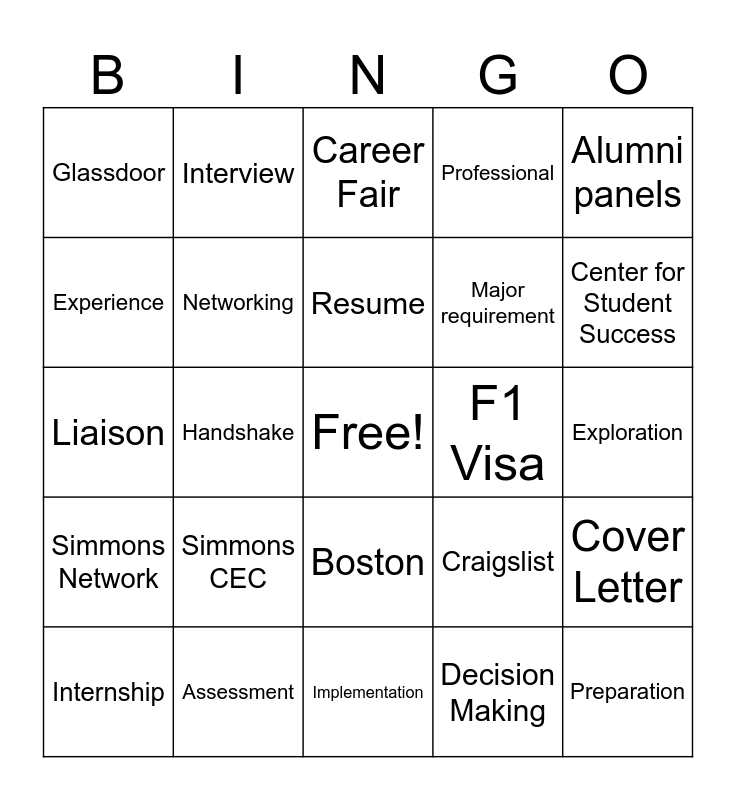 Internship Bingo Card