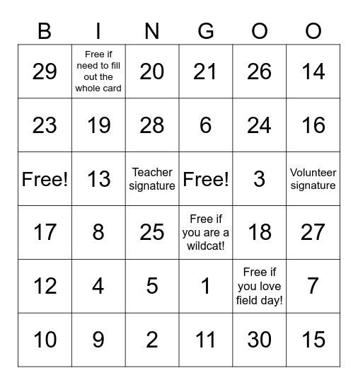 Harry Street Field Day Bingo Card