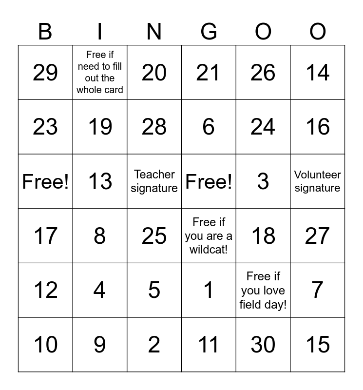 Harry Street Field Day Bingo Card
