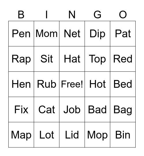 CVC Word Bingo Card