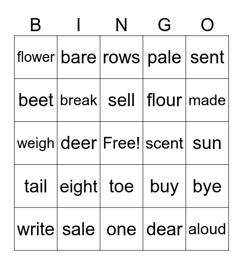 Homophones Bingo Card