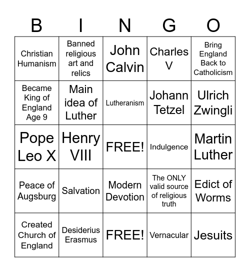 The Protestant Reformation Bingo Card
