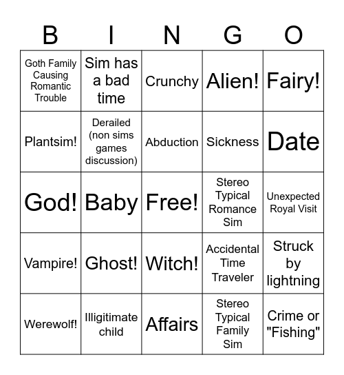 Emerald's Medieval Sims Bingo Card