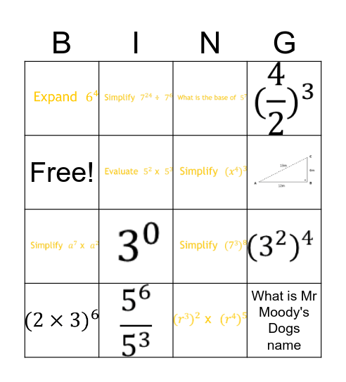 Index Laws Bingo Card