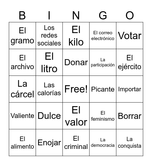 Chapter 3-5 vocab Bingo Card