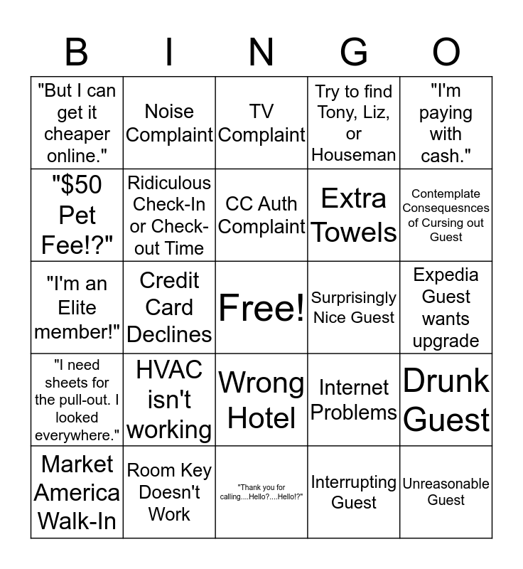 Front Desk Bingo Card