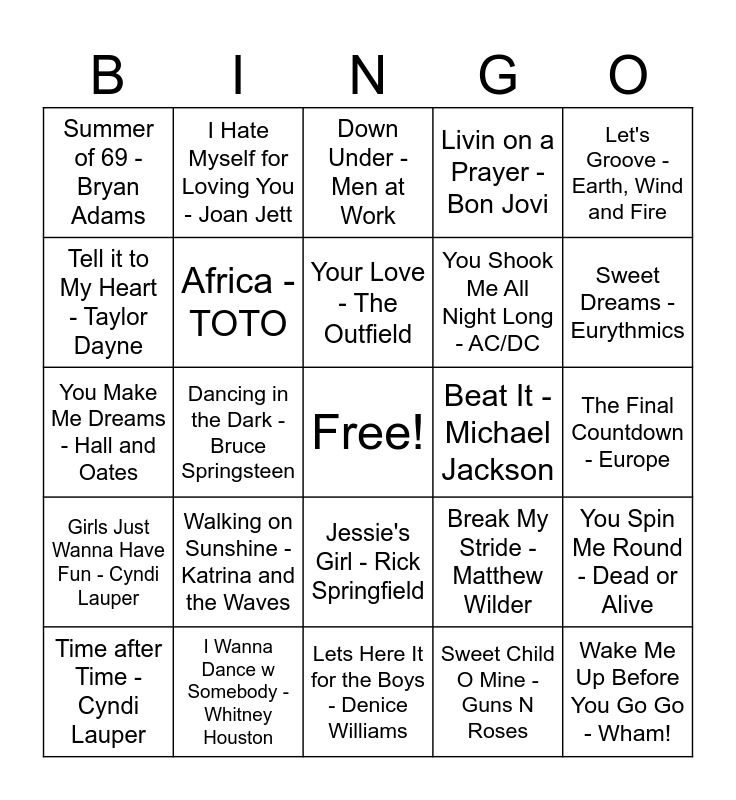 80s Billboard Hot 100! Bingo Card