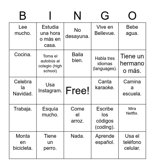 activity Bingo Card