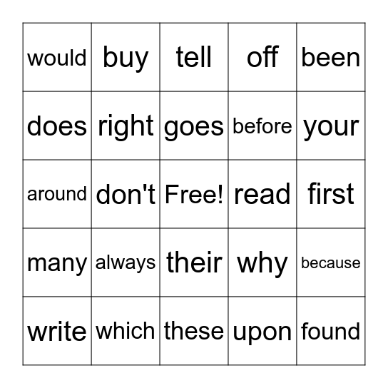 Second Grade Sight Word Match Bingo Card