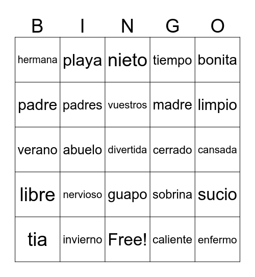 Que chevere 1 Unit 4A Vocab Bingo Card