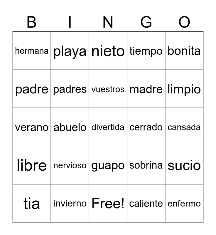 Que chevere 1 Unit 4A Vocab Bingo Card