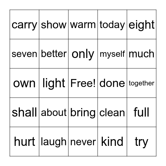 Third Grade Sight Word Match Bingo Card