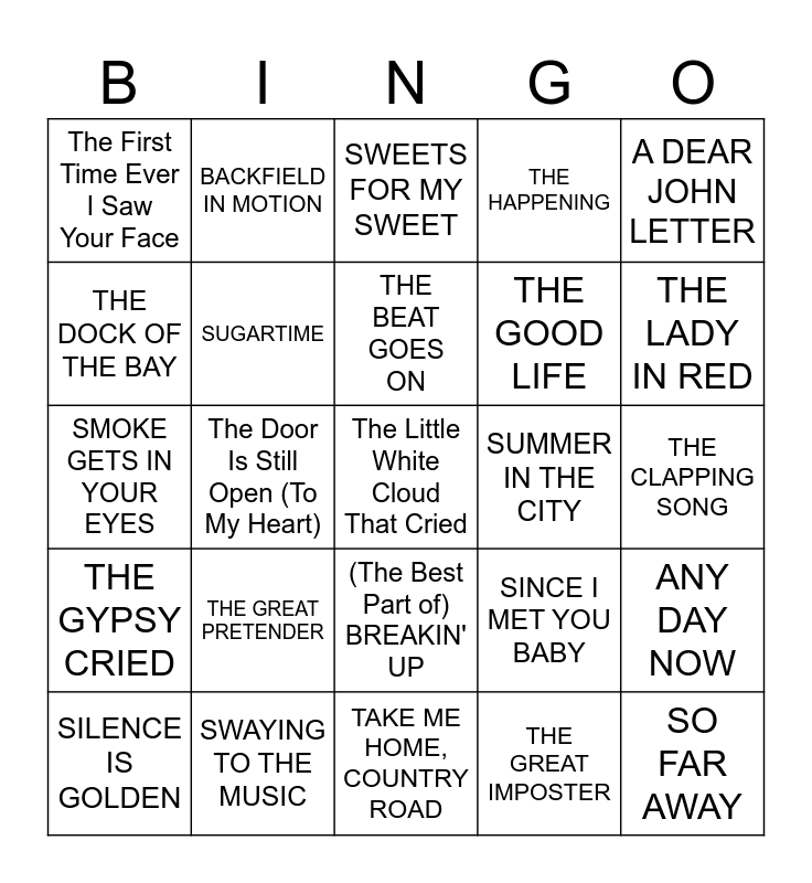 MUSIC BINGO #60 - Easy Does It Bingo Card