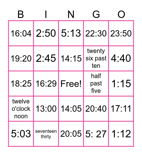 24 Hour Time Bingo Card