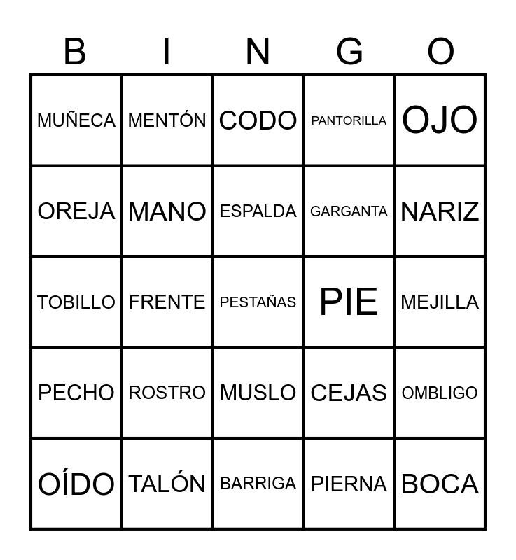 Bingo PARTES DEL CUERPO Bingo Card