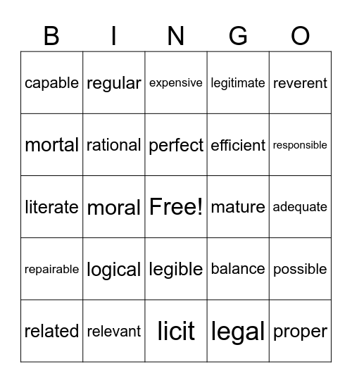 chameleon prefix il, ir, im, in Bingo Card