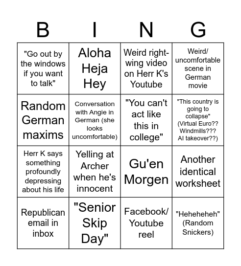 German Class Bingo Card