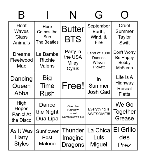 Summer Music Bingo Card