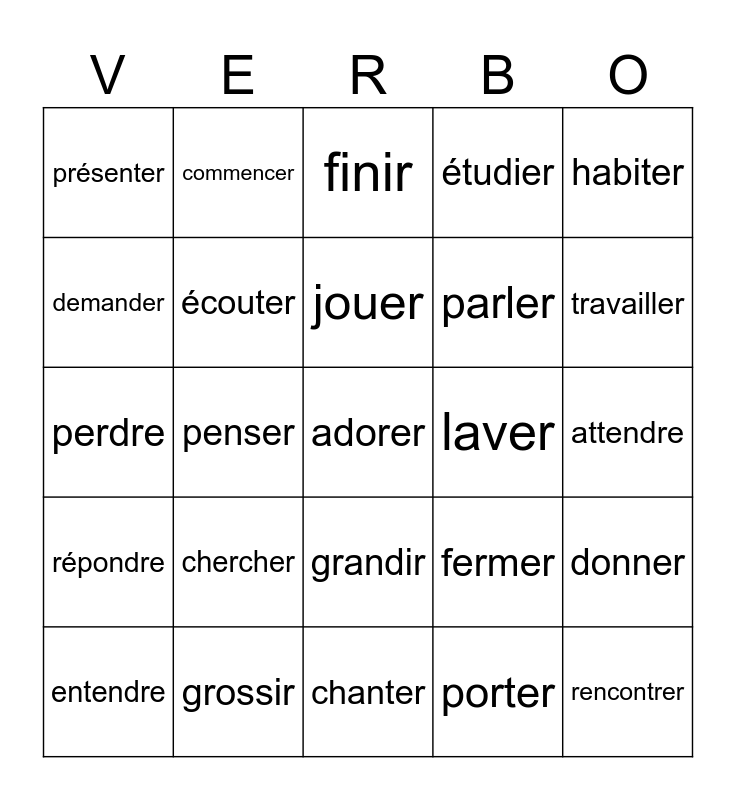 LES VERBES REGULIERS Bingo Card