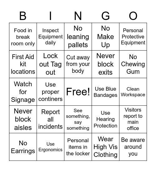 Safety Bingo Card
