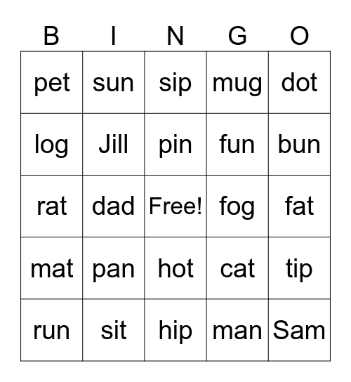 Short Vowel Sounds Bingo Card