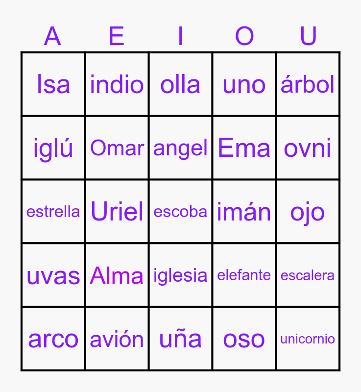 Vocales Bingo Card
