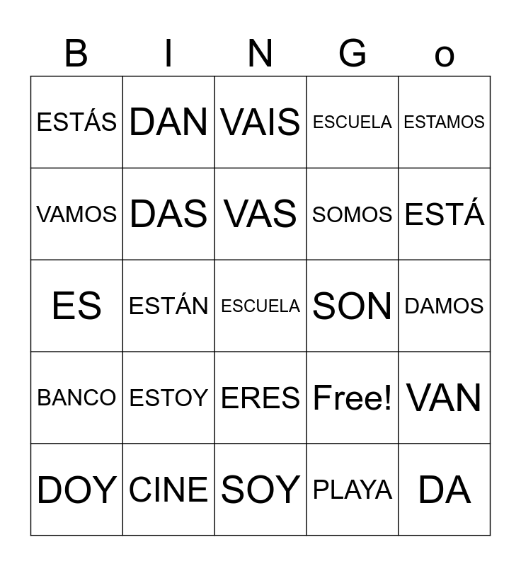 Estar, Ir, dar and Ser Spanish Conjugations Bingo Card